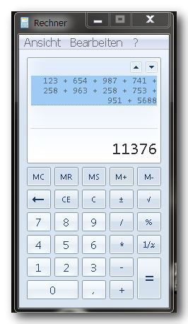 W 7 Taschenrechner Anzeige der eingegebenen Zahlen