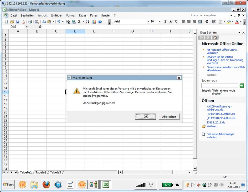 Beim Bestätigen der Meldung (es ist egal ob ich "OK" oder "Abbrechen ...